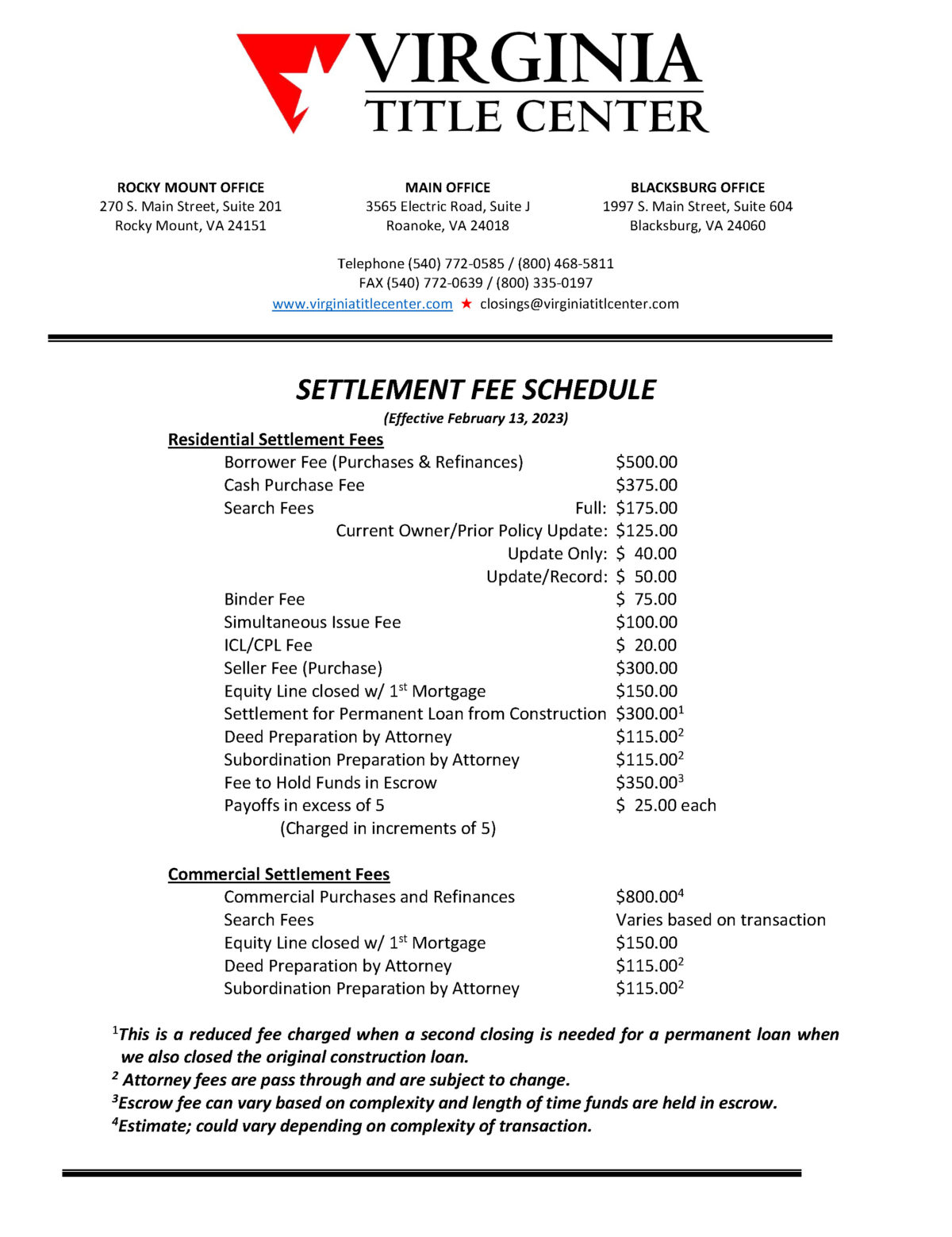 Virginia Title Center Settlement Fee Schedule Effective February 13 ...