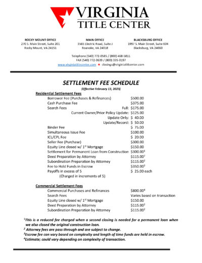 Virginia Title Center Settlement Fee Schedule Effective February 13 ...
